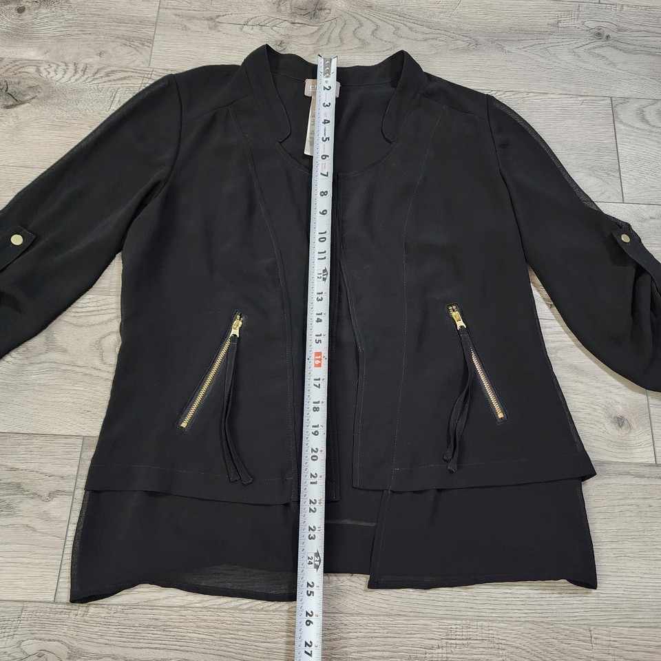 Chico's Women S Chiffon Blouse Open Front Black Layered Gold Zip ...