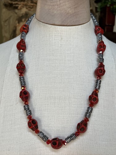 Red Ceramic Skulls Long 26” Chunky Necklace Halloween Day of the Dead ...