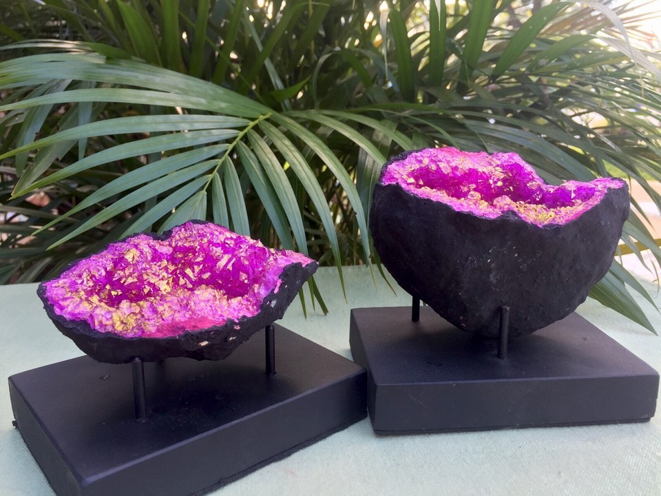 Large Pink Geode Pair W/Stands Crystal Geode Quartz Moroccan Geode Half ...
