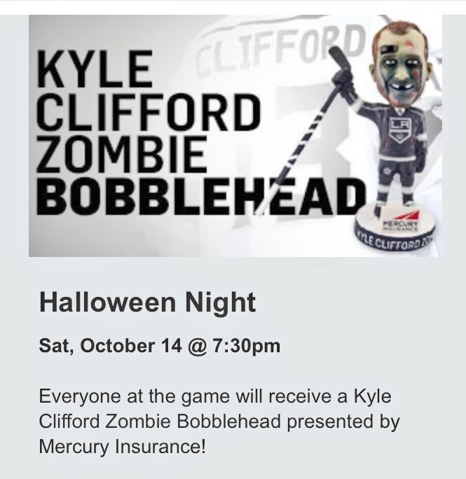 Kyle Clifford "Zombie" Halloween LA Kings Bobblehead SGA 10/14/17 New ...