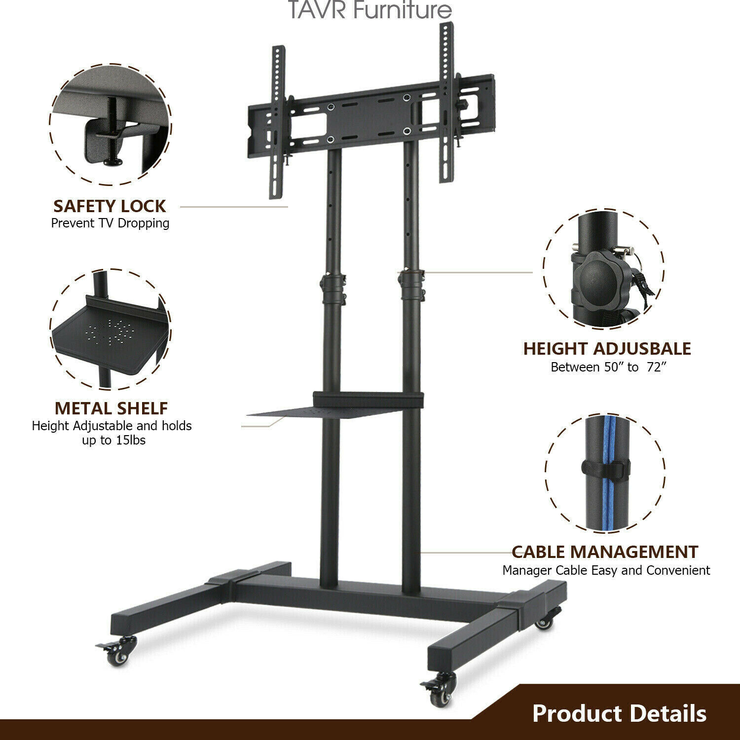 Mobile TV Stand Rolling TV Cart with Wheels for 32-70 inch Flat/Curved ...