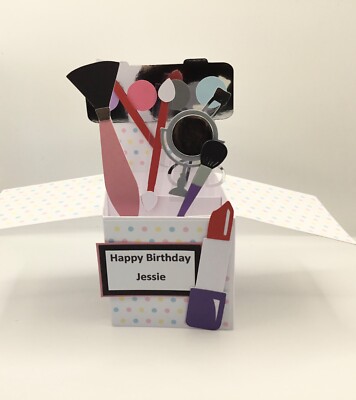 Handmade make-up personalised pop up card/girls birthday/cosmetics card ...
