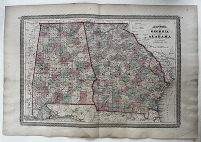 Georgia & Alabama very detailed counties 1870 Johnson large hand ...