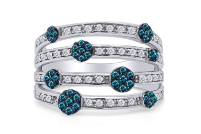 1/2ct Real White & Blue Diamond Multi Row Engagement Ring in 14K White ...