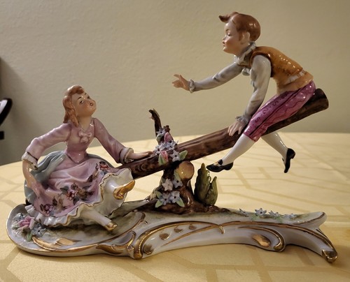 EXQUISITE DRESDEN BOY GIRL ON LOG SEESAW TEETER TOTTER PORCELAIN ...