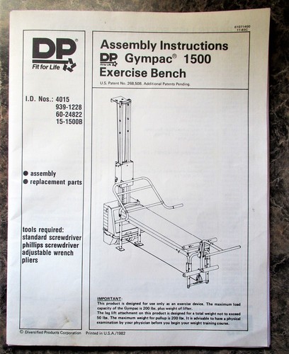 DP GYMPAC 1500 WEIGHT LIFTING EXERCISE MACHINE ASSEMBLY INSTRUCTIONS ...