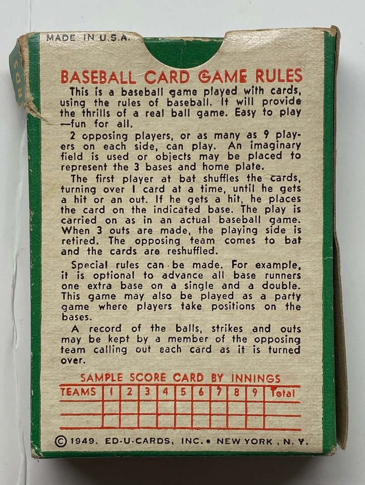 1949 Batter Up Baseball Diamond Playing Card Game 36 Cards Ed-U-Cards ...