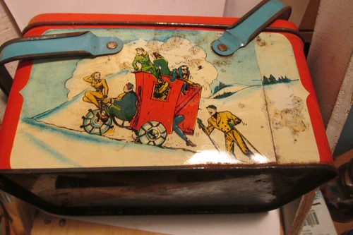 vintage tin lunch box-Joe Palooka lunch kit 1948 Ham Fisher 7" long 4 ...