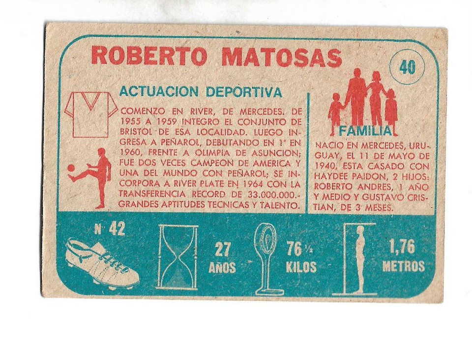 ROBERTO MATOSAS (RIVER PLATE) Nº 40 1967 ORIGINAL FOOTBALL SOCCER CARD ...