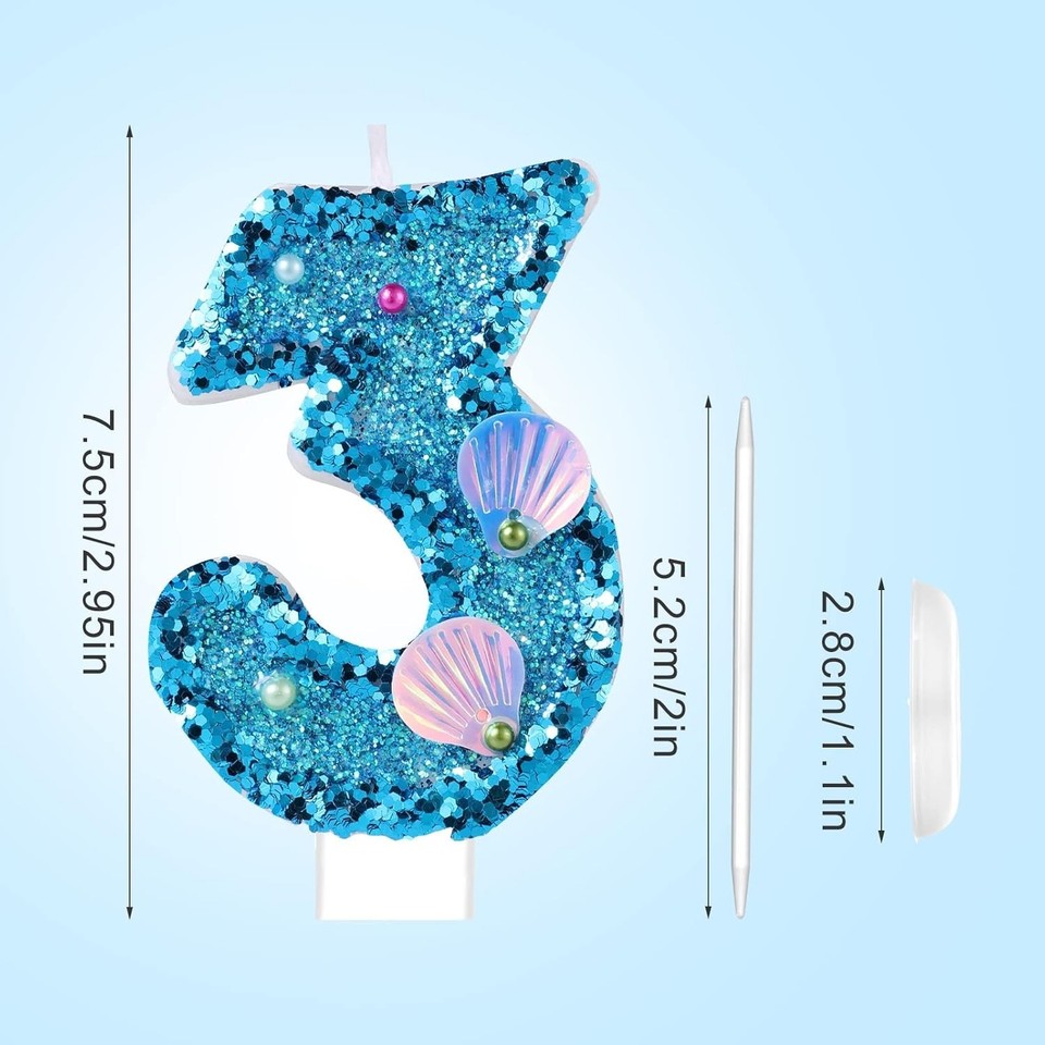 3 Inch Blue Glitter Number 3 Candle, Modern Starfish Theme, Birthday ...
