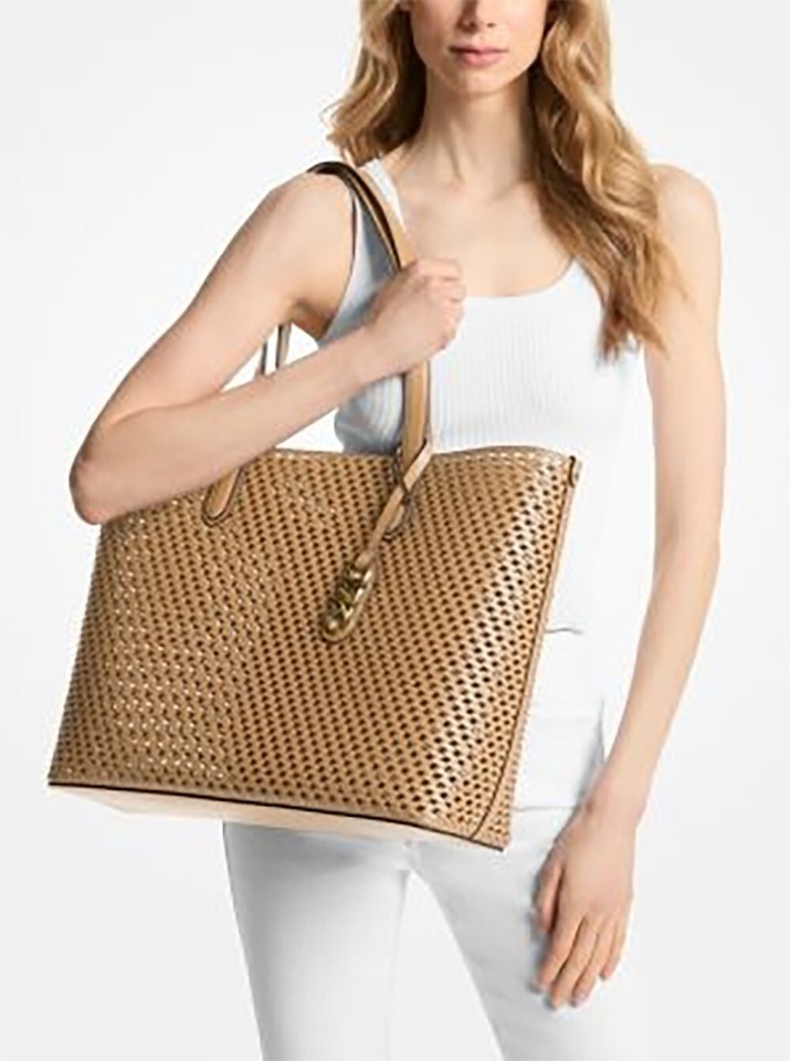 Michael Kors Eliza XL Hand Woven Leather Open Top Tote in Camel MSRP ...