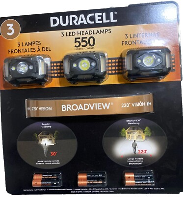 NEW Sealed Duracell 500 Lumens LED Headlamps 3 Pack + 9 AAA Batteries 4 ...
