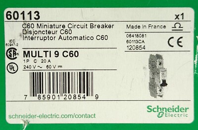SCHNEIDER ELECTRIC 60113 Multi 9 C60 Single Pole 20AMP Miniature ...