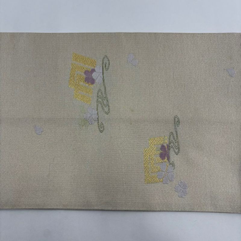 Japanese Silk Fukuro obi Beige Genji-ko incense pattern Cherry blossom ...