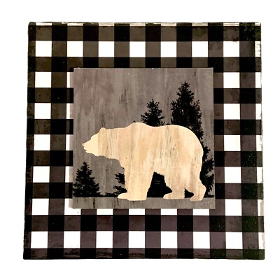 Rustic Black & White Buffalo Check Bear Home Cabin Wood Wall Decor | eBay
