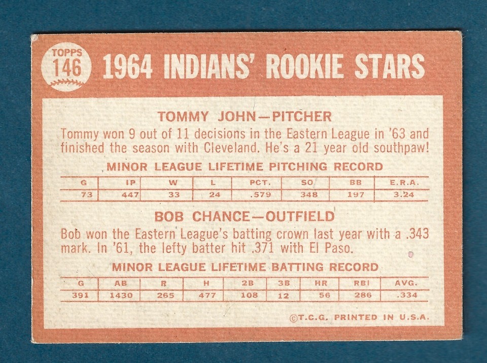 1964 TOPPS TOMMY JOHN ROOKIE BASEBALL CARD # 146 EX | eBay