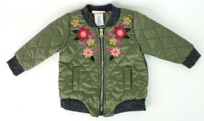 Little Lass Girls Quilt Jacket SZ 12M Green Floral Embroidered Zip-up ...