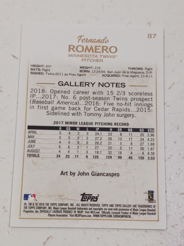 Fernando Romero Minnesota Twins 2018 Topps Gallery Rookie Card #87 | eBay