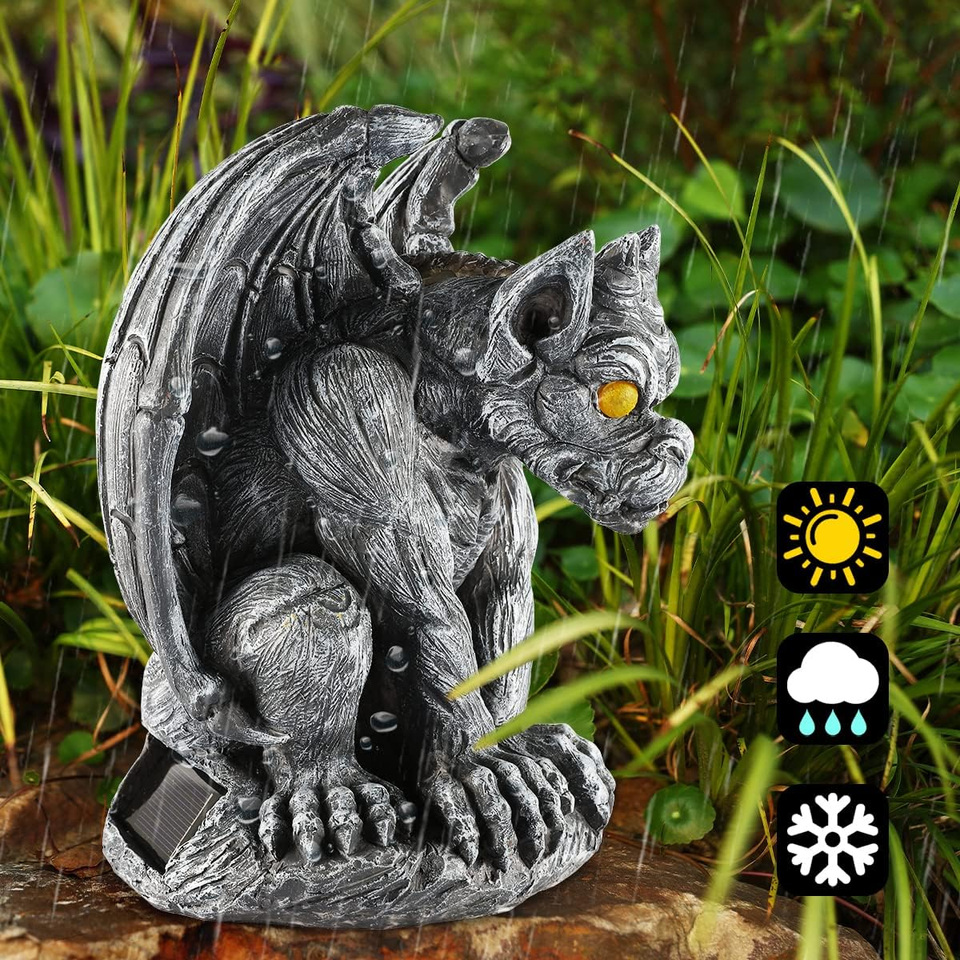 Large Winged Gargoyle Statue with Solar Lights Outdoor Decor, Sitting ...