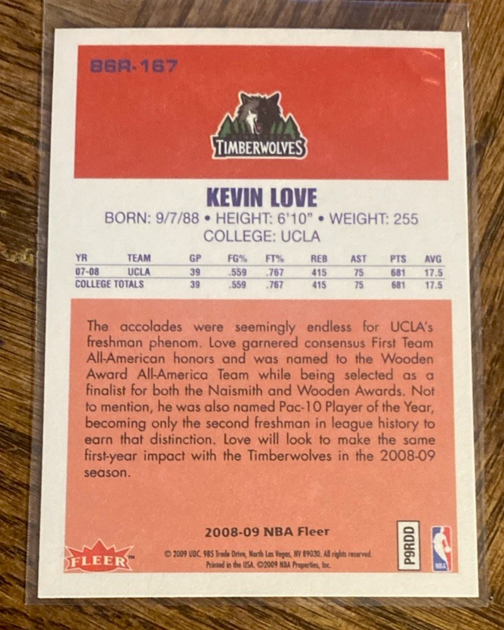 2008-09 FLEER 1986-87 RETRO ROOKIES KEVIN LOVE ROOKIE INSERT CARD ...
