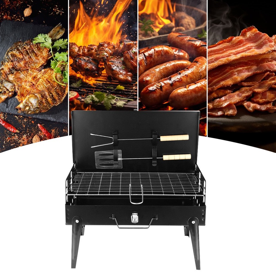 Portable Charcoal Grill with Lid Foldable Outdoor Camping BBQ Suitcase ...