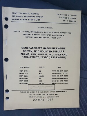 1987 Tech Manual Generator Gas Engine MEP 016a 021a 026a 016c 021c 026c ...