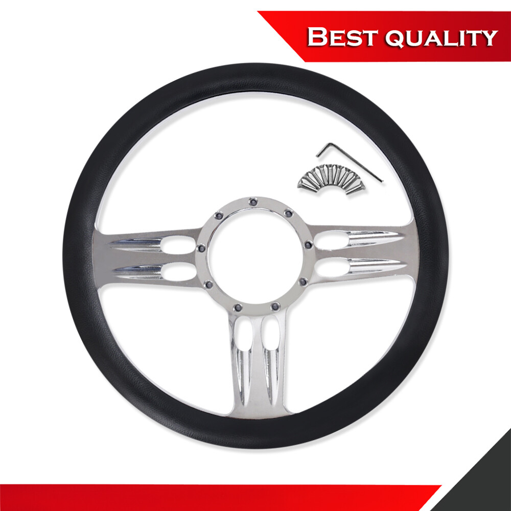 14" Chrome Billet Aluminum 9 Bolt Black Half Wrap Bullet Steering Wheel ...