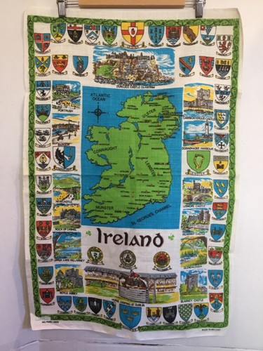 Vintage IRELAND Map 100% Linen Souvenir Tea Bar Hand Dish Towel Castles ...