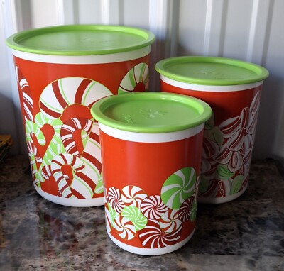Tupperware Christmas Canisters Set 3 Holiday Candy Cane Design Topper ...