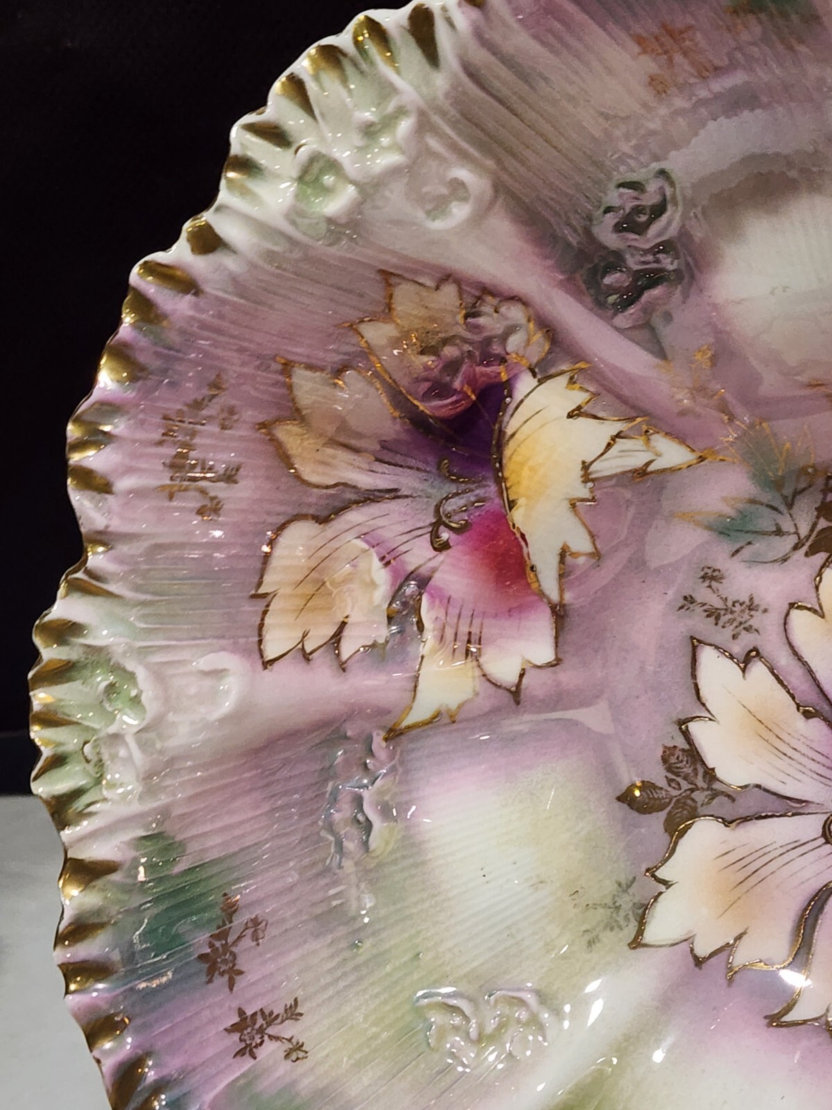Antique RS Prussia 10.5” Bowl w/ Heavy Gold Gilt Lilies Iridescent ...