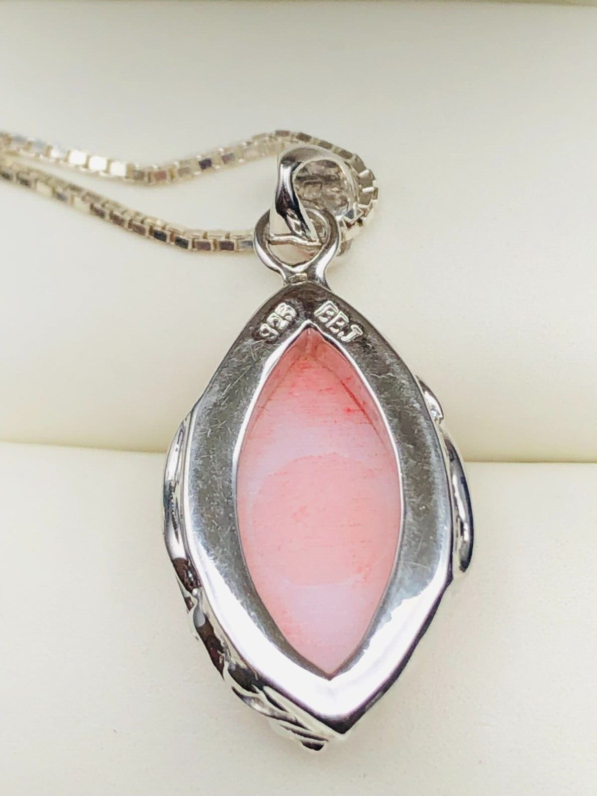 BBJ Sterling Silver 925, 16" Box Chain Necklace, Pink Agate Pendant, 8 ...