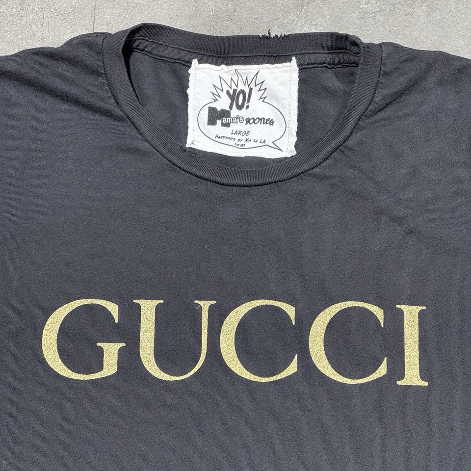 Yo! Mama's Bootleg Black Distressed Gucci Logo T Shirt Women’s Size ...