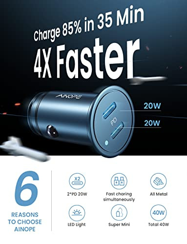 40W PD3.0 Fast Charging Smallest USB C All Metal Dual Port Car Charger ...