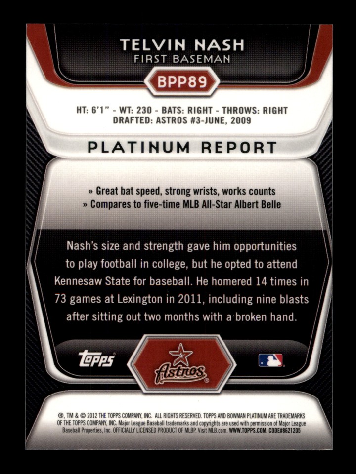 2012 Bowman Platinum Prospects Purple Refractors #BPP89 Telvin Nash ...