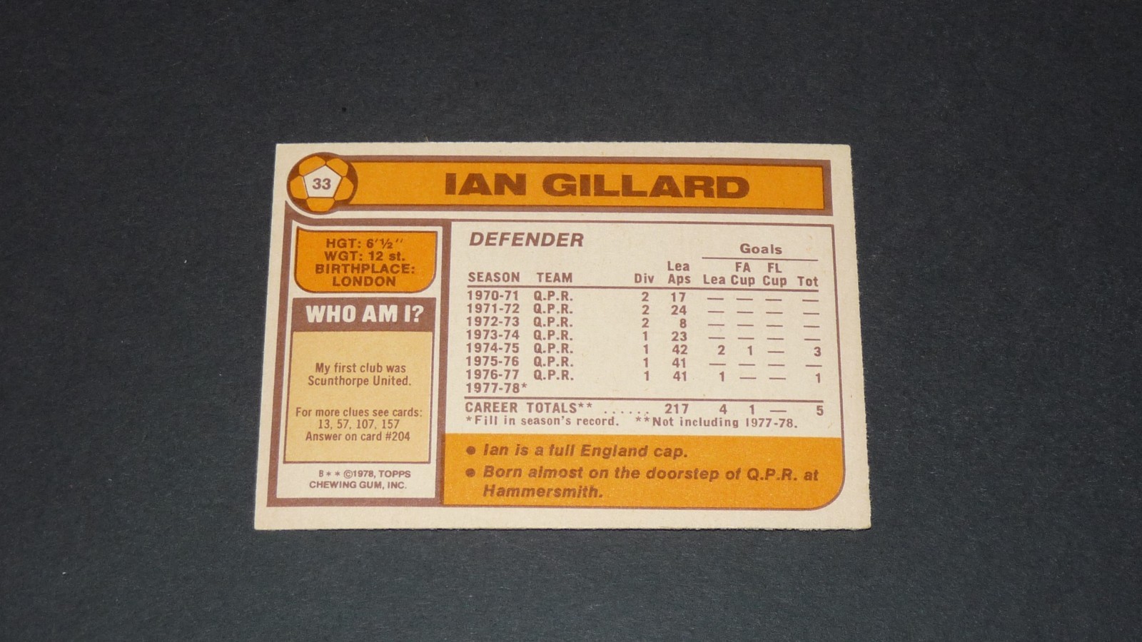 IAN GILLARD QUEENS PARK RANGERS QPR FOOTBALL CARD 1978 TOPPS ORANGE ...