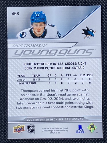 2024-25 Upper Deck Series 2 Young Guns 468 Jack Thompson, San Jose ...