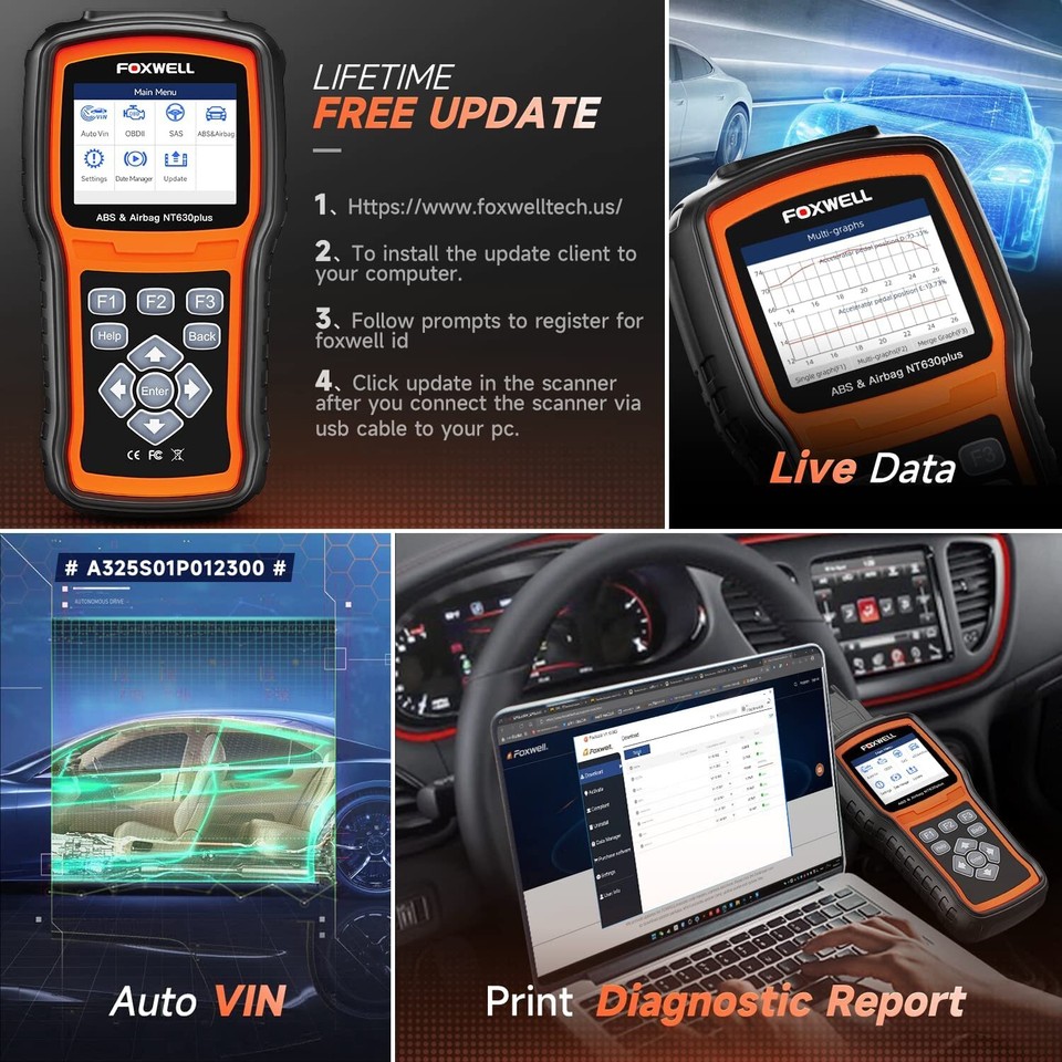 FOXWELL 3 System OBD2 Scanner Auto Brake Bleeding ABS SRS Reset Crash ...