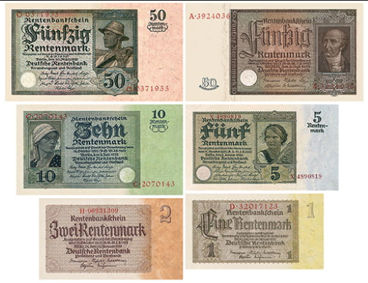 1925-1937 RENTENMARK Satz von 6 Kopien, Serviert von 6 Exemplaren ...