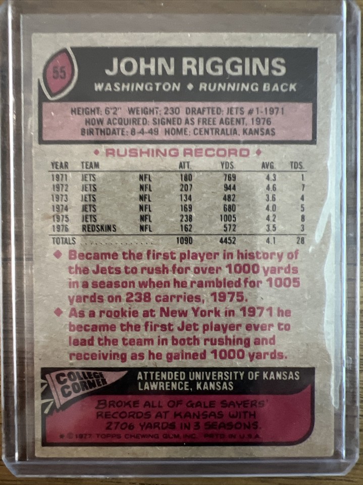 1977 Topps - #55 John Riggins Washington Redskins HOF Vintage Football ...