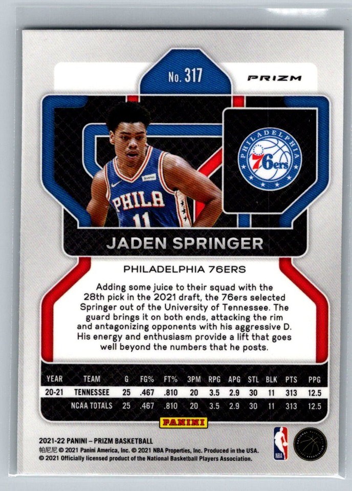 2021 Panini Prizm #317 Jaden Springer Green Prizm RC 76ers | eBay