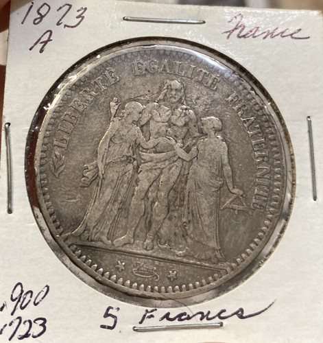 1873 A FRANCE Hercules Group Antique VINTAGE Silver 5 Franc French Coin ...