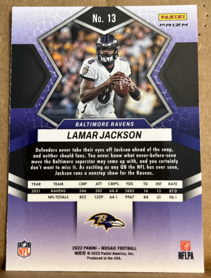 Lamar Jackson 2022 Panini Mosaic Silver Mosaic Prizm Card #13 Baltimore ...