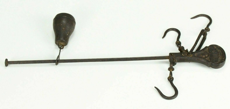 = Antique 1800's Cast Iron Hanging Balance Beam Scale 3 Hooks Orig ...