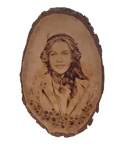 1970s Signed Portrait Burn Etching PAINTING On Live Edge Tree Wood Slab ...