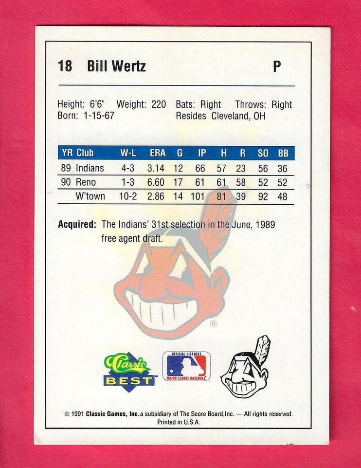 BILL WERTZ 🖊 IP AUTO : 1991 Classic Best Minor League # 18 Columbus ...