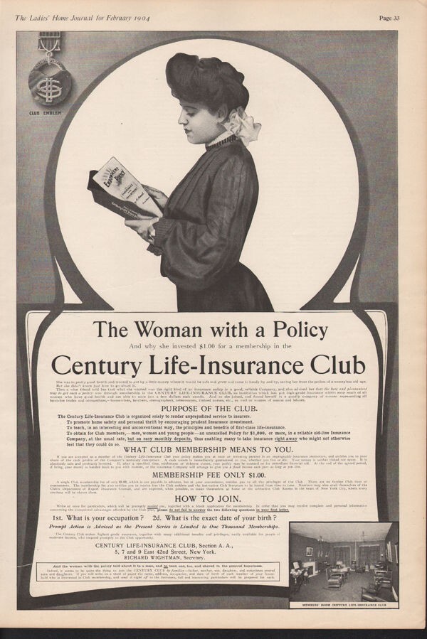 1904 CENTURY LIFE INSURANCE CLUB ENDOWMENT SUFFRAGE POLICY WIGHTMAN AD ...
