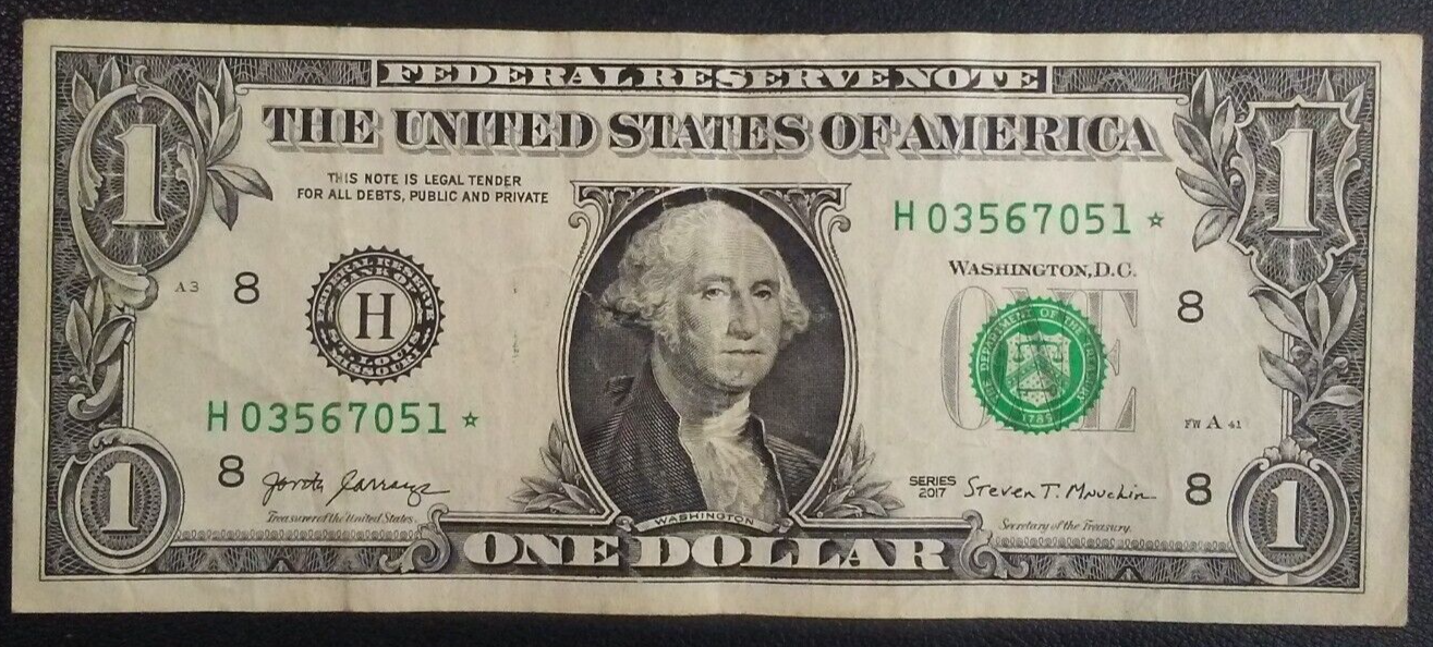 2017 Fancy Serial Number One Dollar Bill (LOW RUN SIZE 500k ) STAR NOTE ...