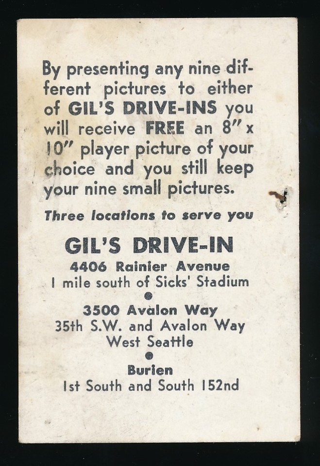 1957 Seattle Popcorn (PCL) -BILL GLYNN (Seattle Rainiers) -Phillies ...