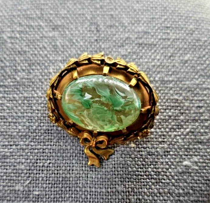 Antique Victorian PSCO signed Circle Pin Brooch Gold tone green stone ...