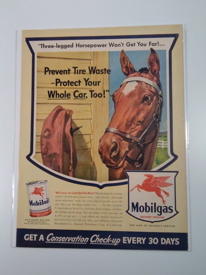 Mobil Gas Print Ad Original Vintage 1940s Socony Vacuum Pegasus Horse ...